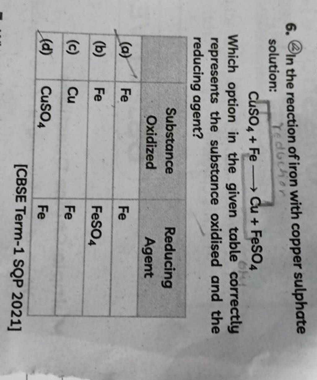 6. (2) In the reaction of iron with copper sulphate solution: CuSO4 +Fe C..