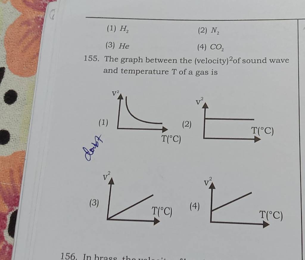 The graph between the ( velocity 2 of sound wave and temperature T of a g..
