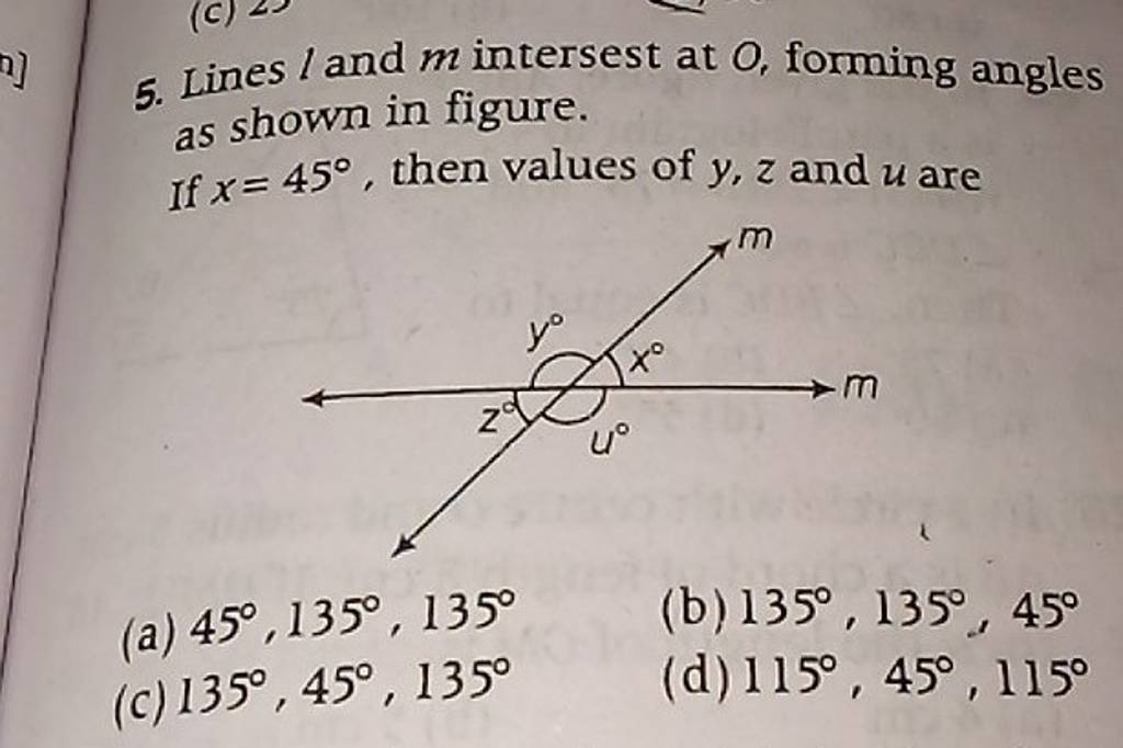 5. Lines l and m intersest at 0 , forming angles as shown in figure. If x..