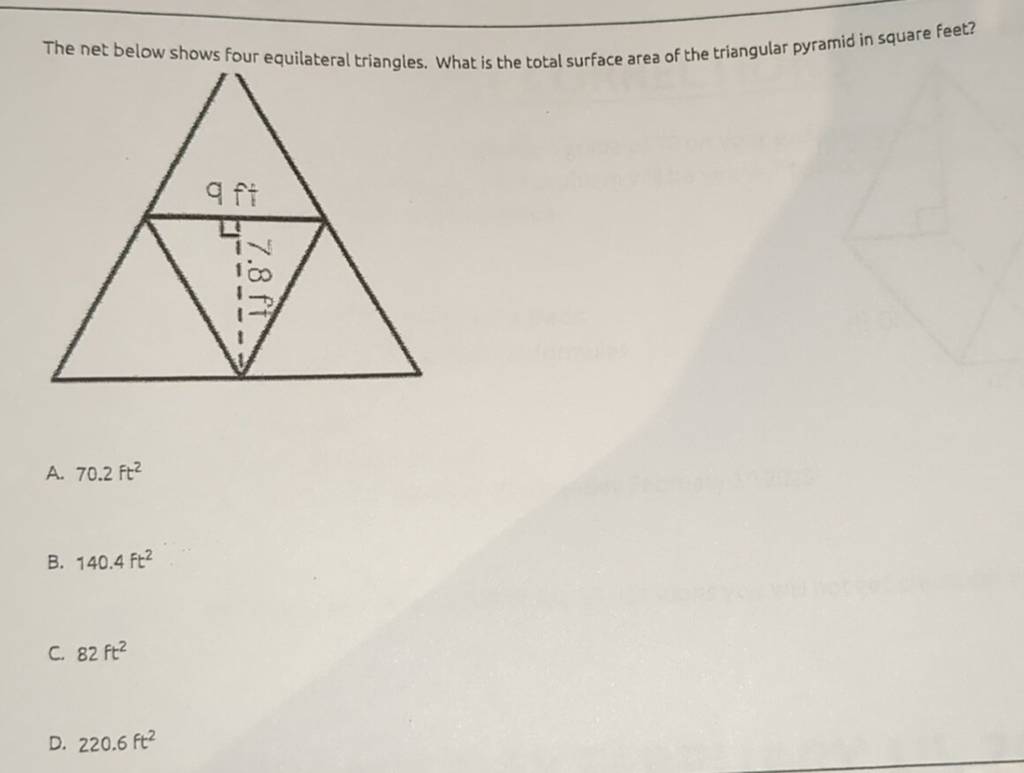 The net below shows four equilateral triangles. What is the total surface..