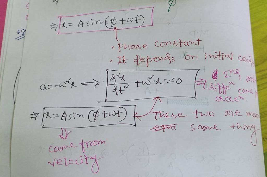 ey ⇒x=Asin(ϕ+ωt) - Phase constant - It depends on initial condin a=−w2x⇒d..