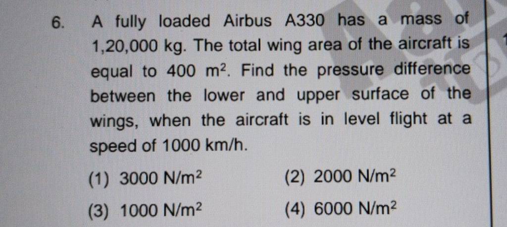 A fully loaded Airbus A330 has a mass of 1,20,000 kg. The total wing area..