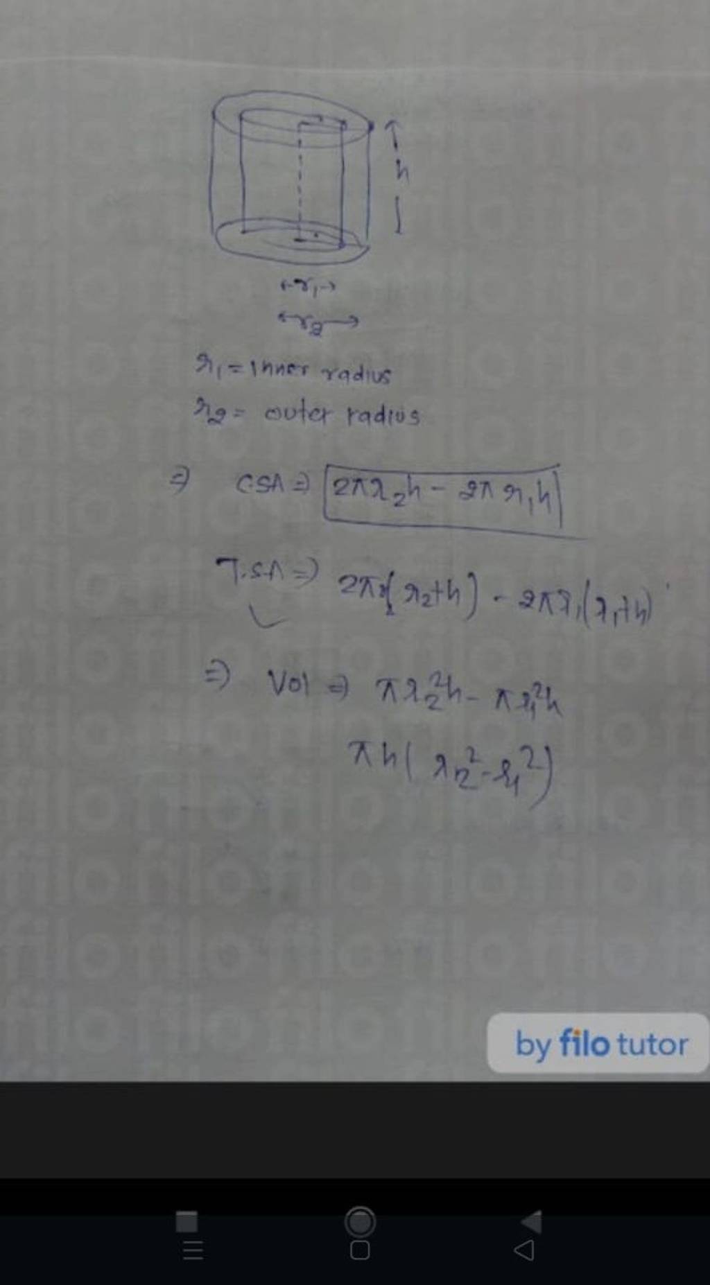 r1 = inner radius r2 = outer radius ⇒csA⇒2πr2 h−2πr1 h T.SA ⇒2π(r2 +h)−2π..