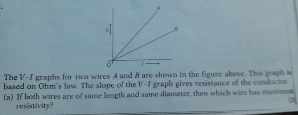 The V−I graphs for two wires A and B are shown in the figure above. This
