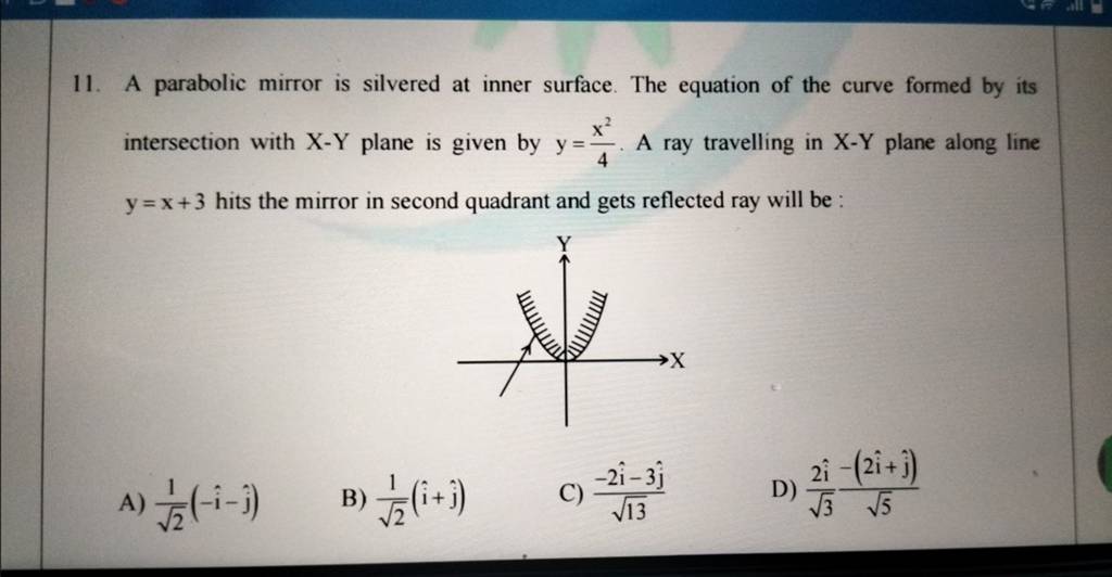 A parabolic mirror is silvered at inner surface. The equation of the curv..