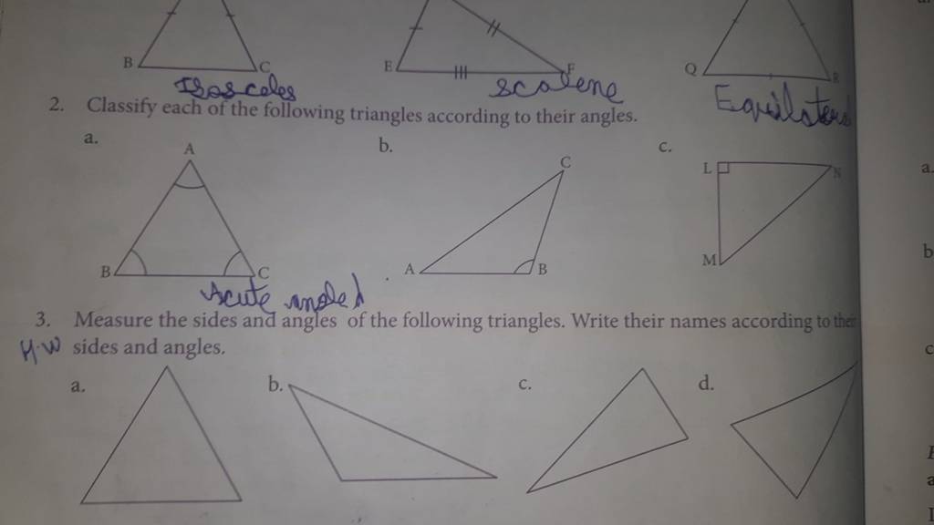 2. Classify each of the following triangles according to their angles. a...