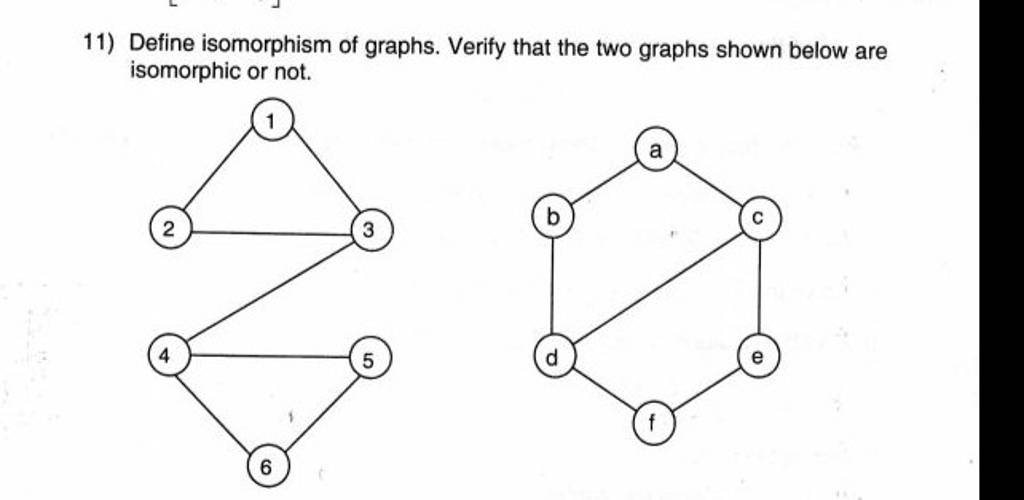 11) Define isomorphism of graphs. Verify that the two graphs shown below 11) Define isomorphism of graphs. Verify that the two graphs shown below