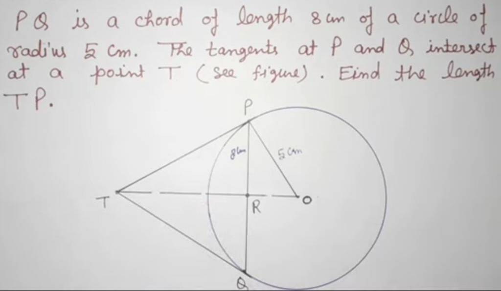 PQ is a chord of length 8 cm of a circle of radius 5 cm. The tangents at