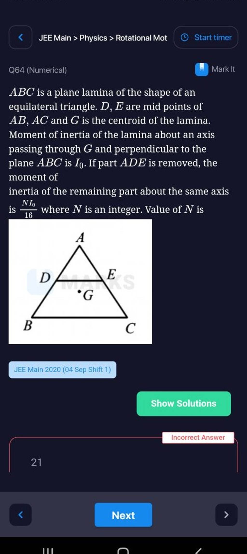 ABC is a plane lamina of the shape of an equilateral triangle. D,E are mi..