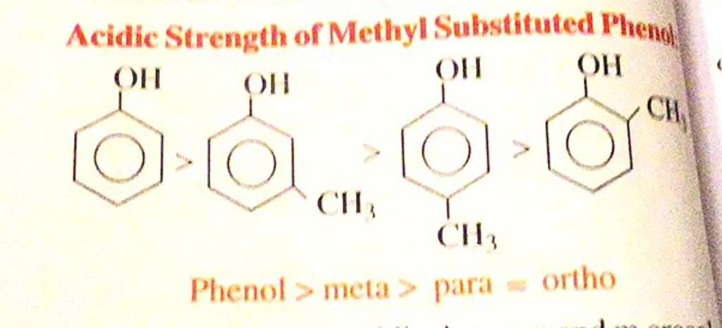 Acidic Strength of Methyl Substituted Pheng Phenol > meta > para ≈ ortho