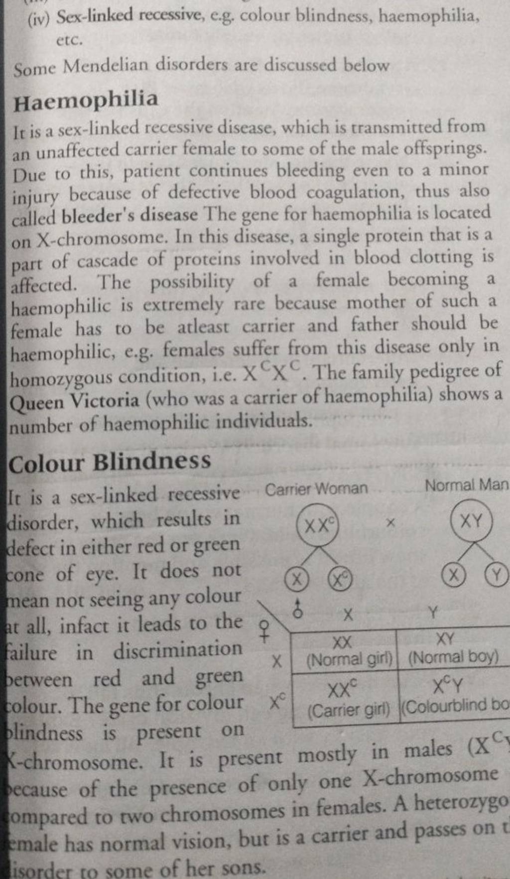 Iv Sex Linked Recessive E G Colour Blindness Haemophilia Etc Some