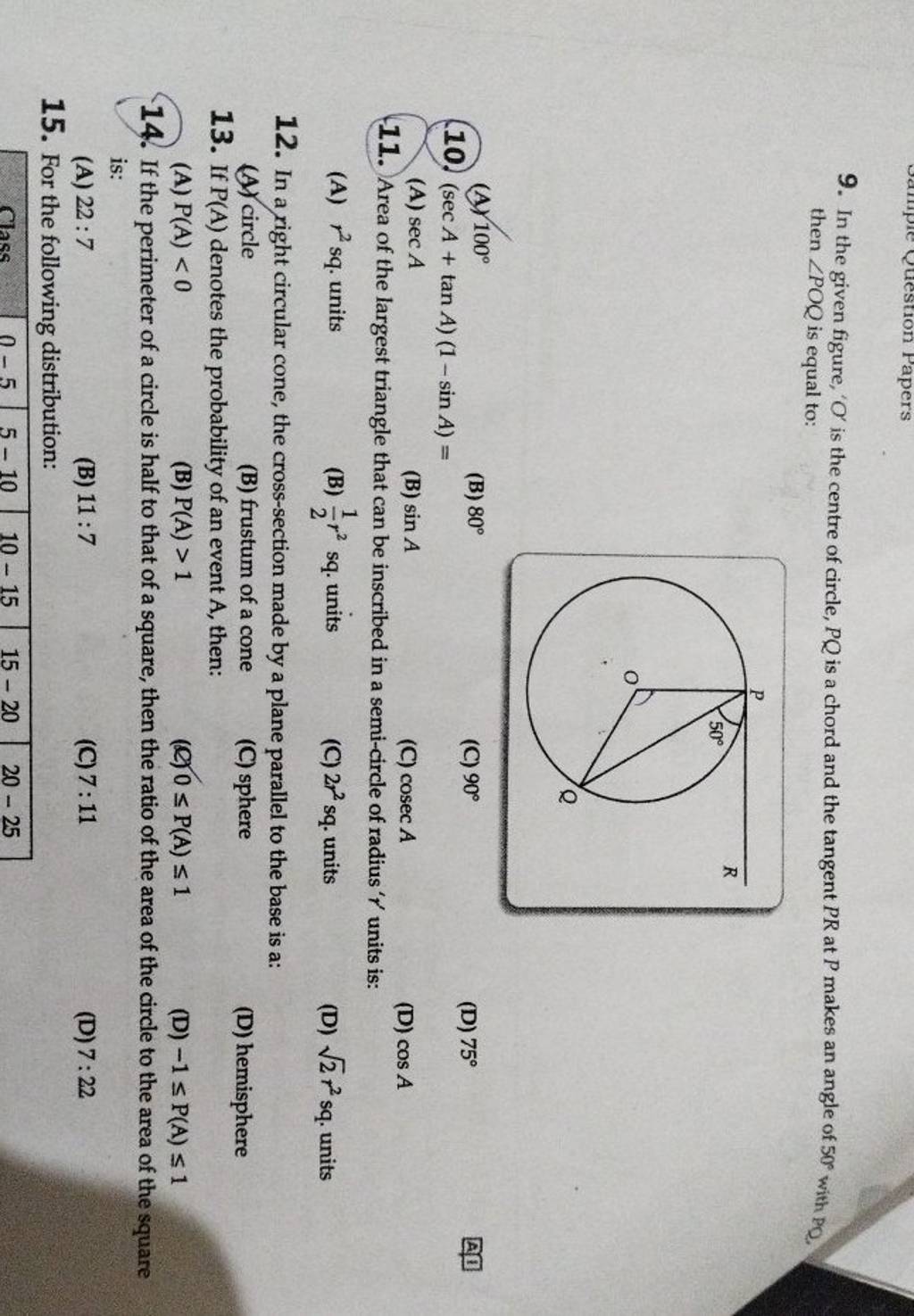 9. In the given figure, ' O ' is the centre of circle, PQ is a chord and