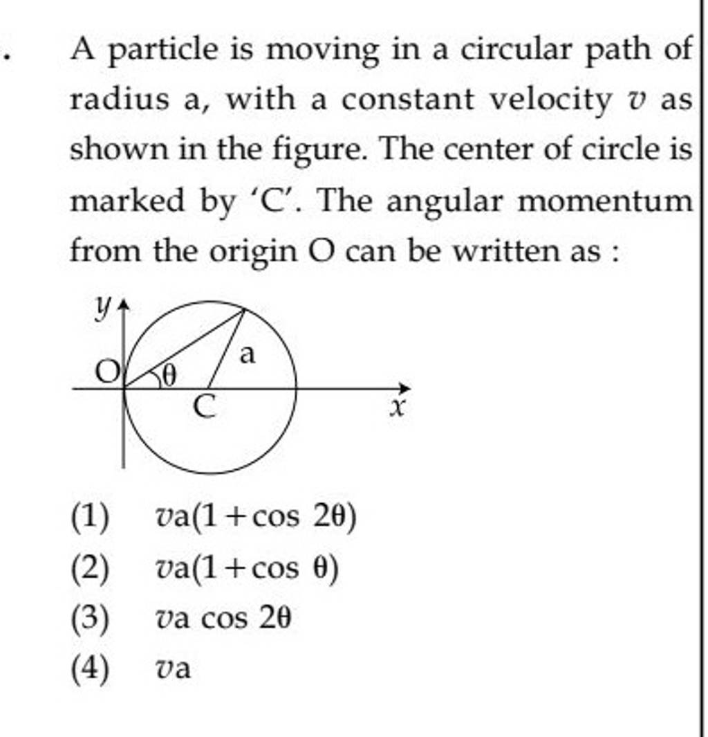 A particle is moving in a circular path of radius a, with a constant velo..