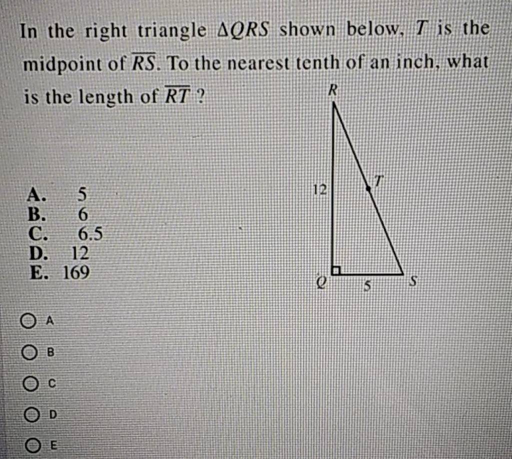 In the right triangle QRS shown below, T is the midpoint of RS. To the n..