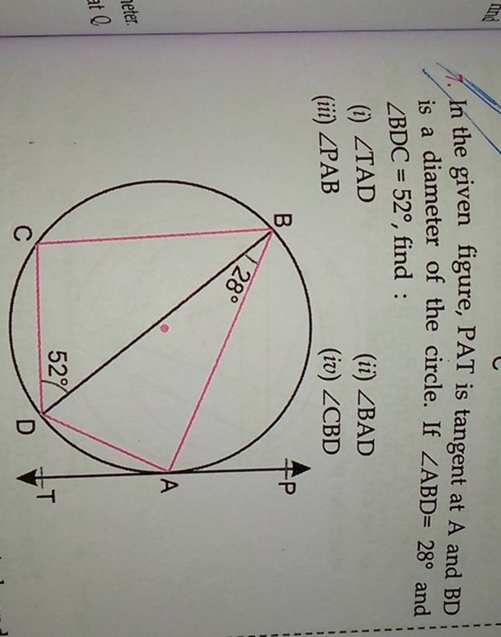 In the given figure, PAT is tangent at A and BD is a diameter of the circ..