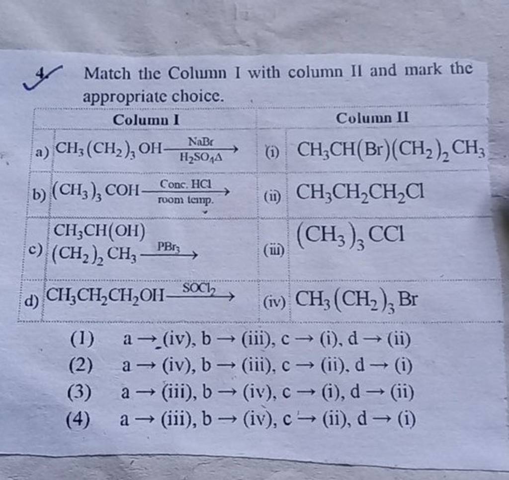 4. Match the Column I with column II and mark the appropriate choice. Col..
