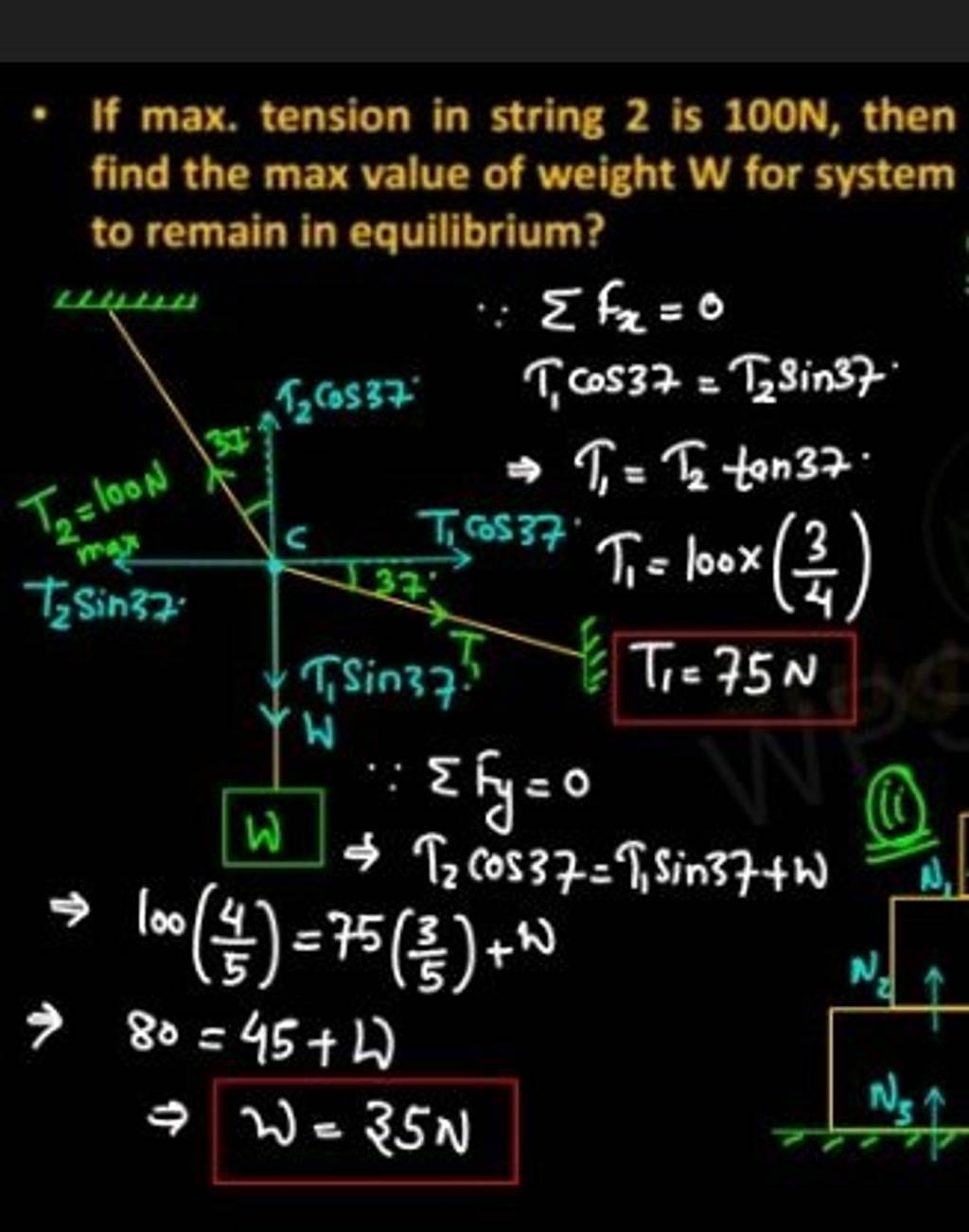 If max. tension in string 2 is 100N, then find the max value of weight W