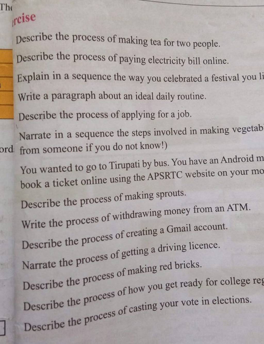 recise Describe the process of making tea for two people. Describe the pr..