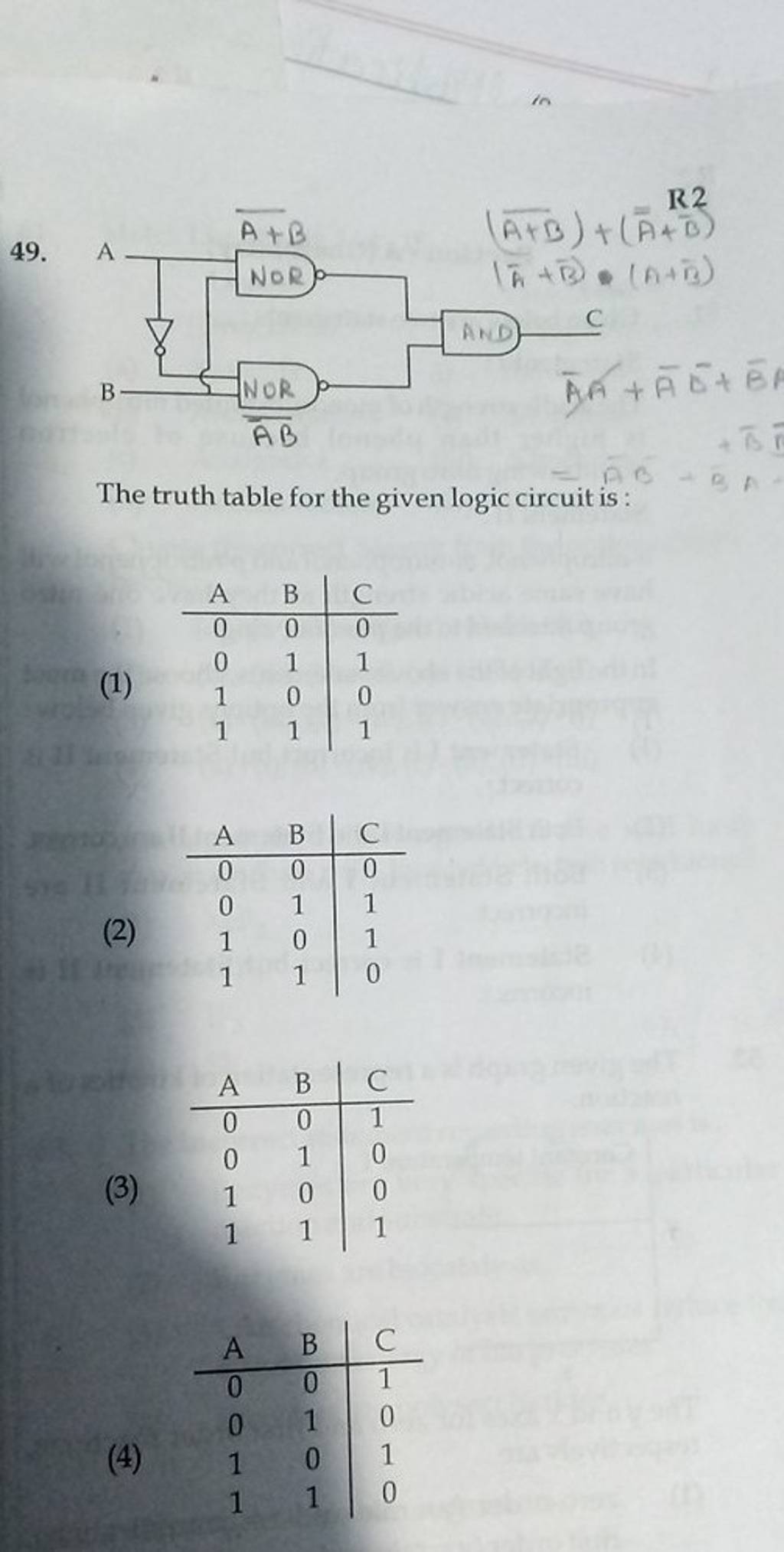 49. The truth table for the given logic circuit is : (1) ABC000011100111