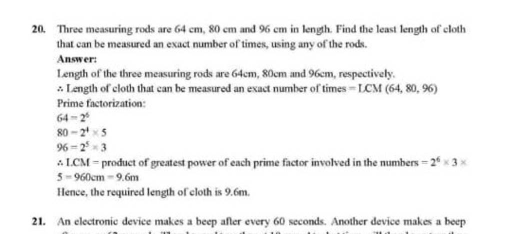 20. Three measuring rods are 64 cm,80 cm and 96 cm in length. Find the le..