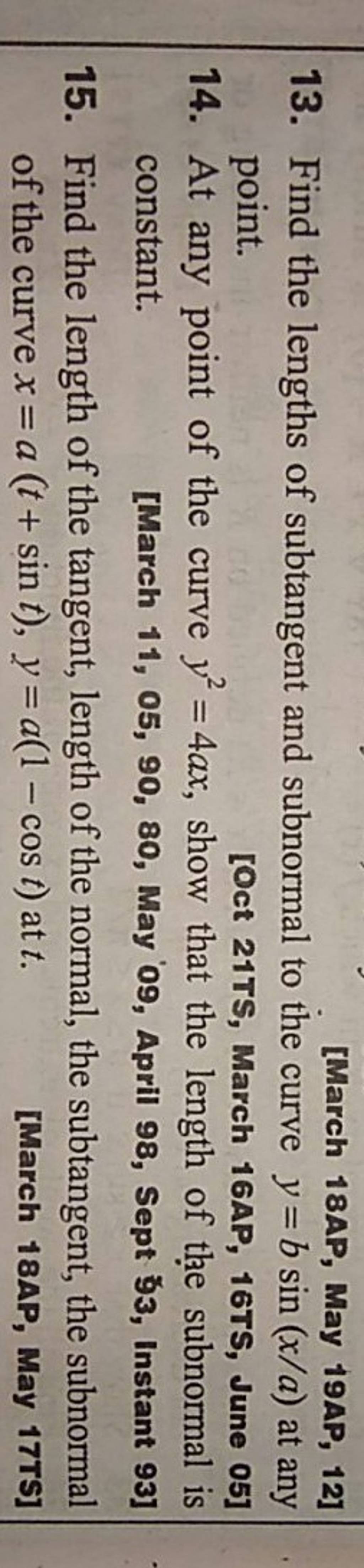 13 Find The Lengths Of Subtangent And Subnormal To The Curve Y Bsin X A