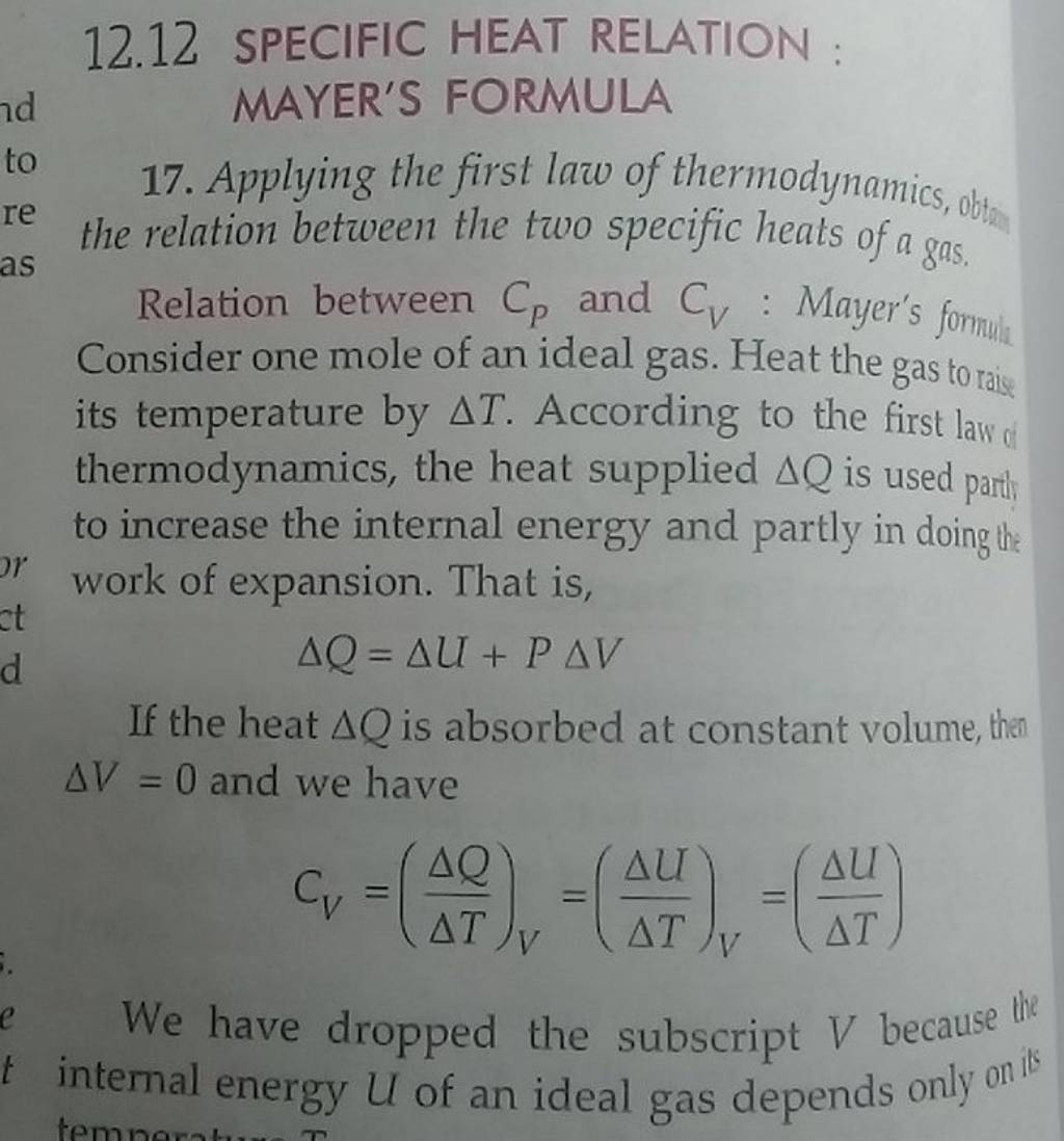 12.12 SPECIFIC HEAT RELATION : MAYER'S FORMULA 17. Applying the first law..