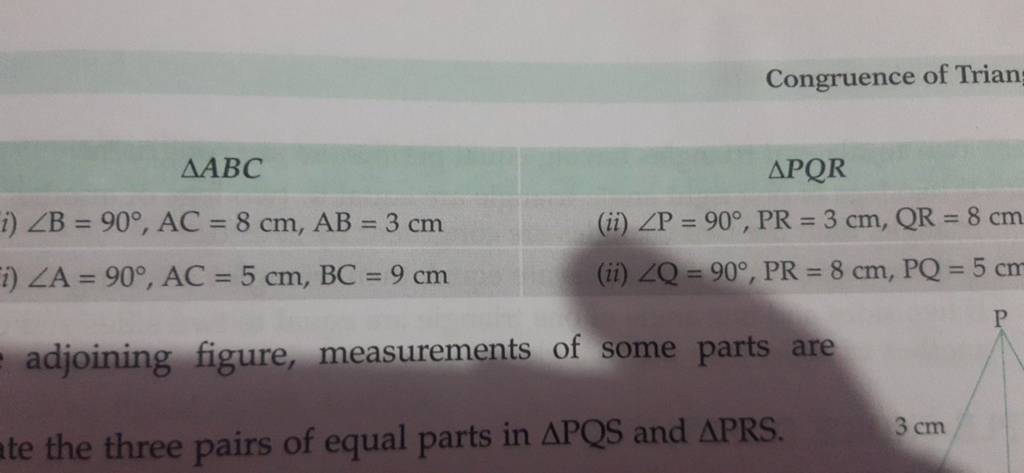 Congruence of Trian: ABC PQR i) ∠B=90∘,AC=8 cm,AB=3 cm (ii) ∠P=90∘,PR=3..