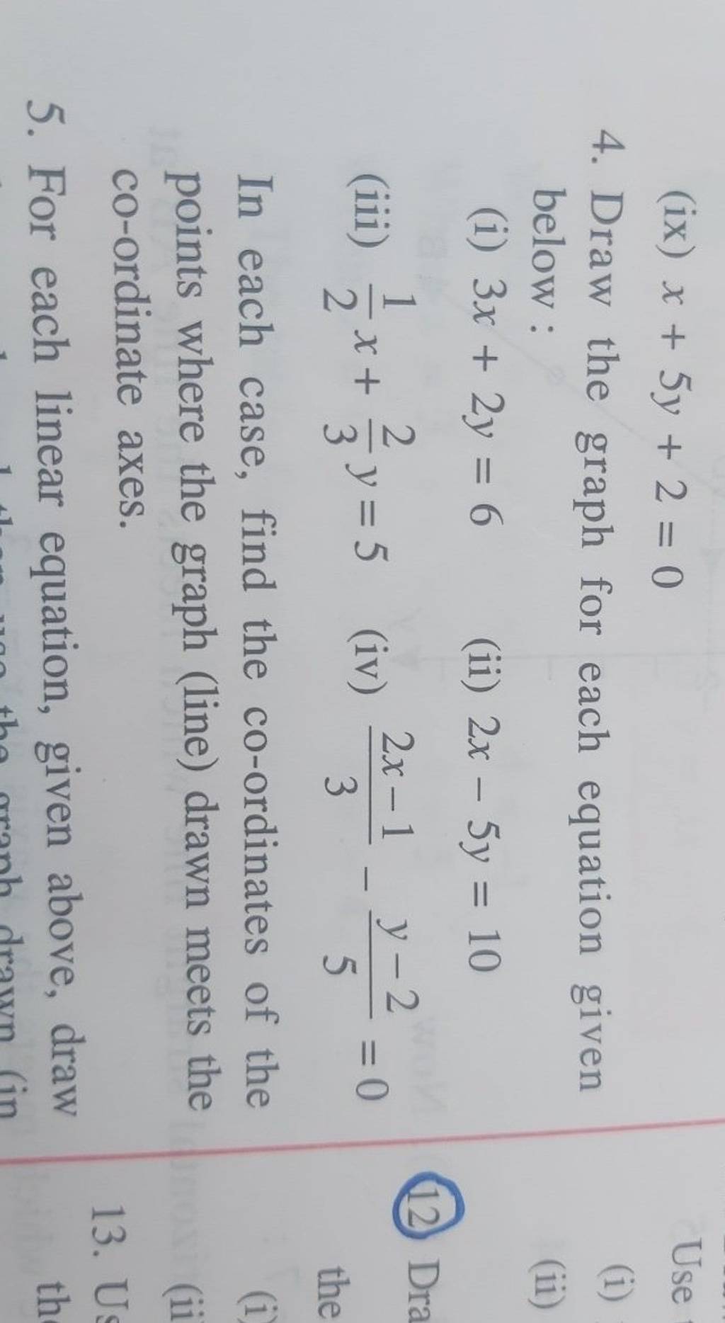 (ix) x+5y+2=0 4. Draw the graph for each equation given below : (i) 3x+2y..