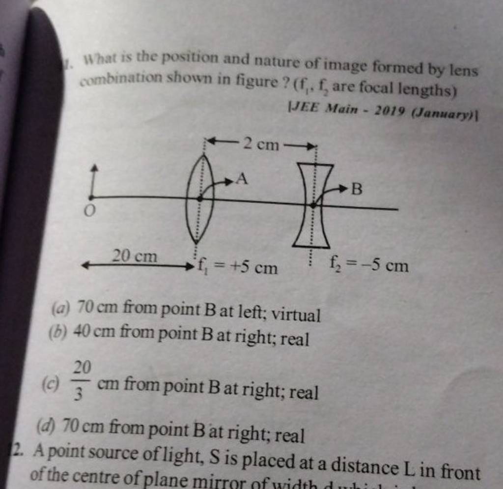 What is the position and nature of image formed by lens combination shown..