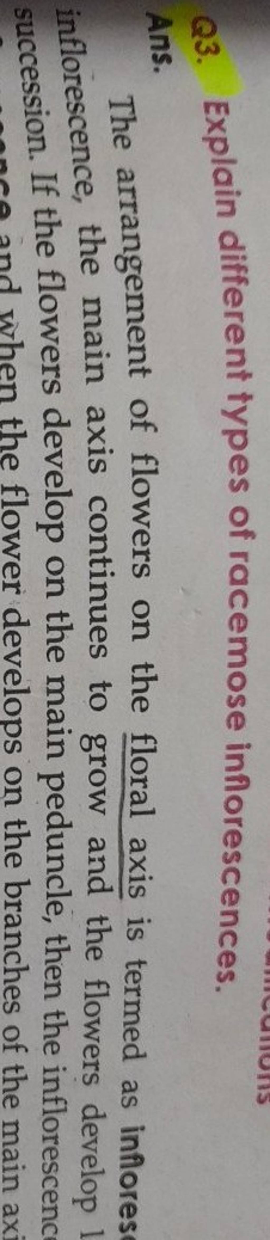 Q3. Explain different types of racemose inflorescences. Ans. The arrangem.. Q3. Explain different types of racemose inflorescences. Ans. The arrangem..