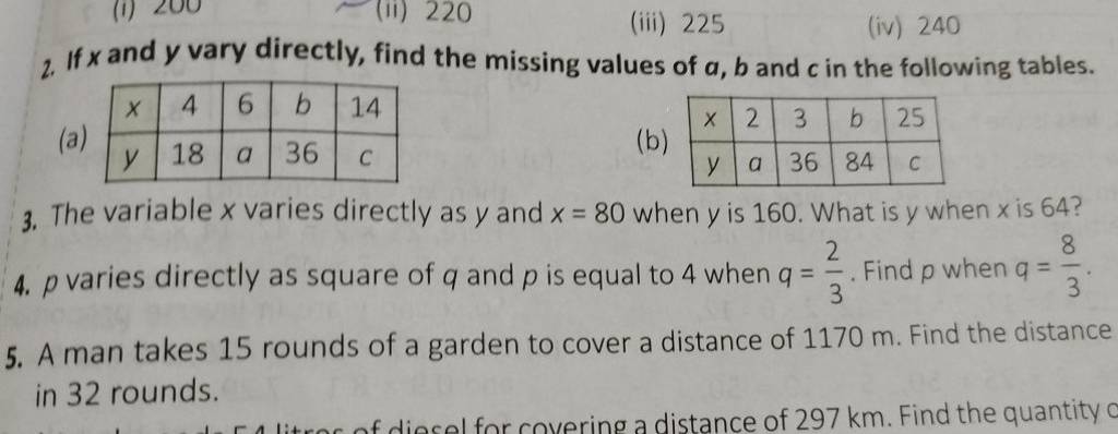 2. If x and y vary directly, find the missing values of a,b and c in the