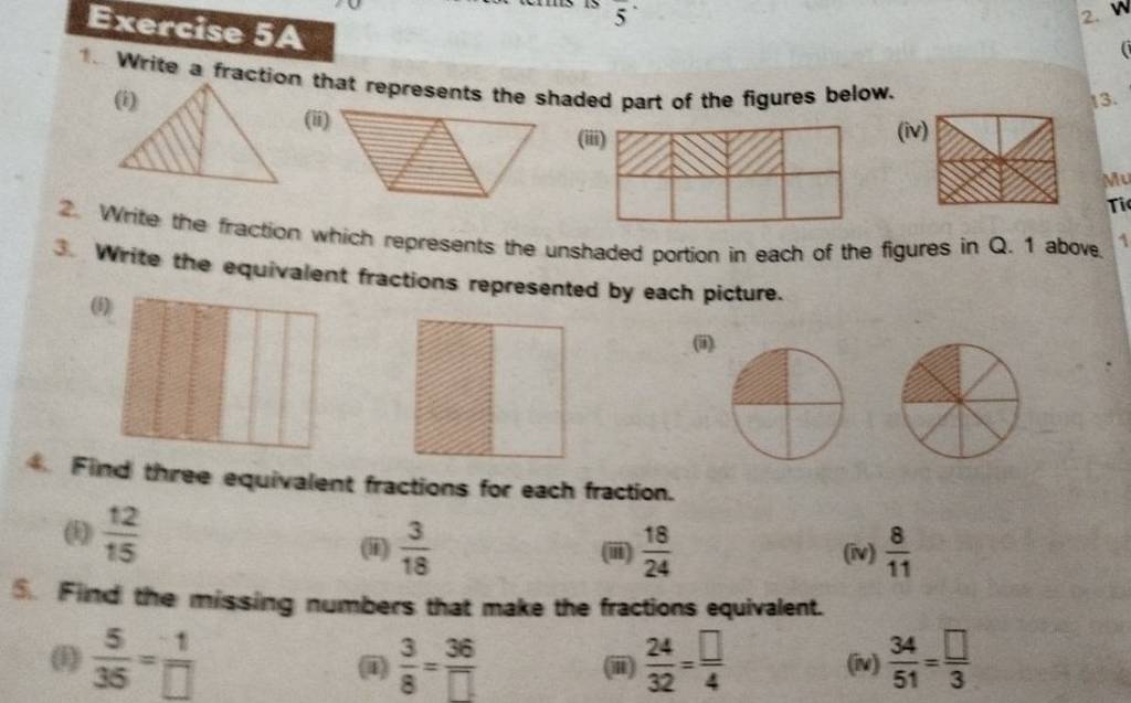 Exercise 5 A 1. Write a fraction that represents the shaded part of the f..