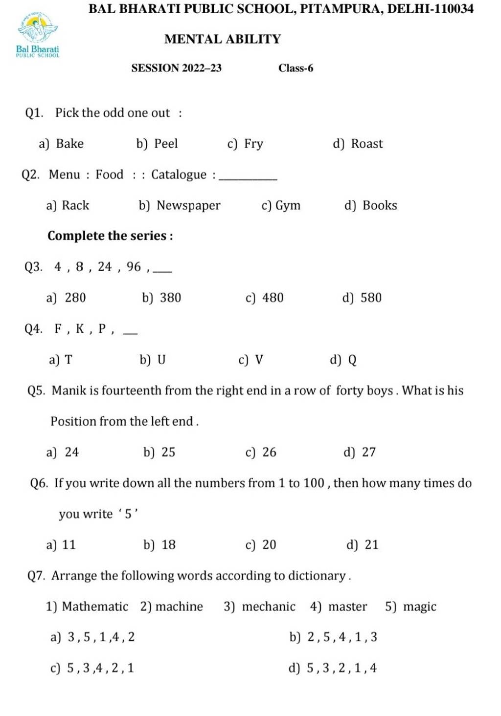 BAL BHARATI PUBLIC SCHOOL, PITAMPURA, DELHI-110034 MENTAL ABILITY SESSION..