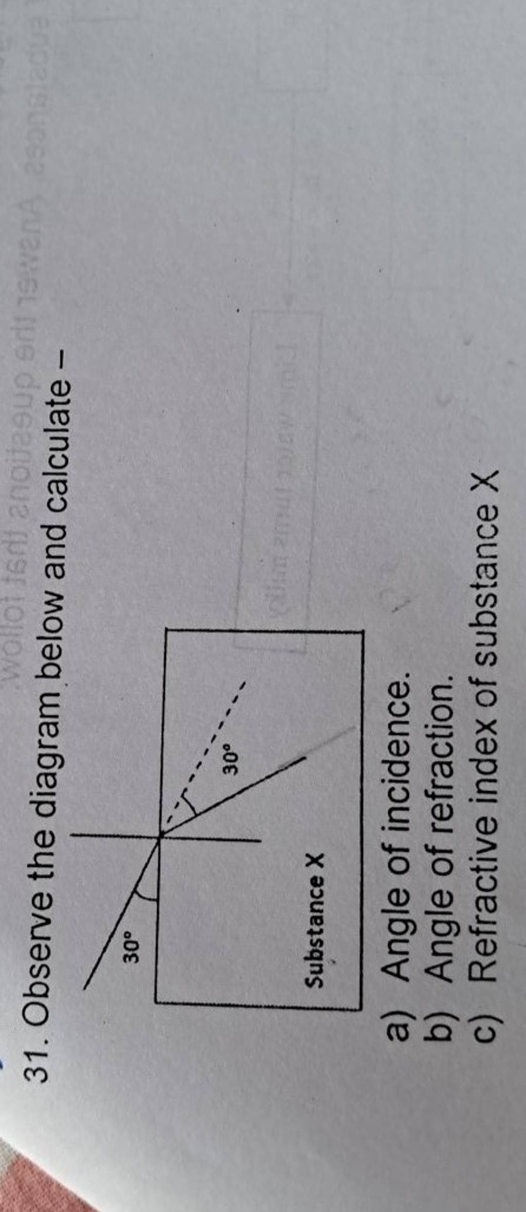31. Observe the diagram below and calculate - a) Angle of incidence. b) A..