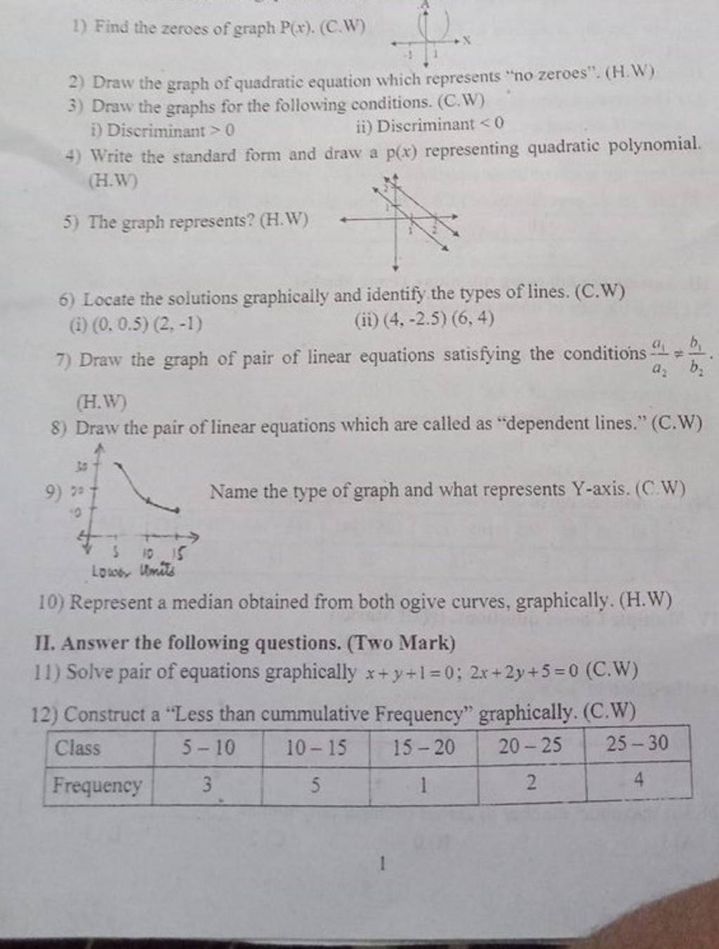 1) Find the zeroes of graph P(x). (C.W) 2) Draw the graph of quadratic eq..