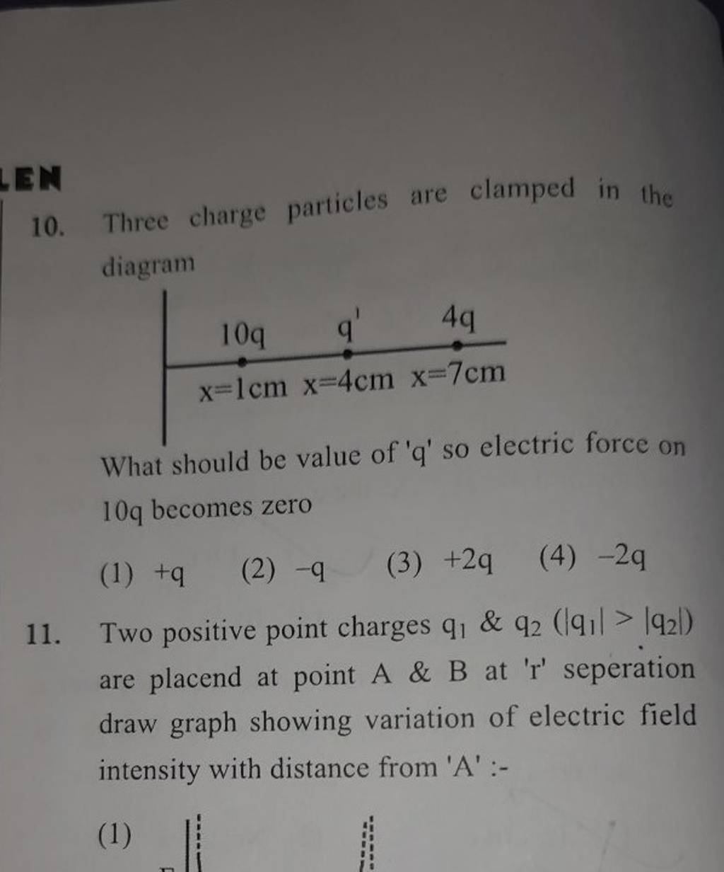Two positive point charges q1 \& q2 (∣q1 ∣>∣q2 ∣) are placend at point A.. Two positive point charges q1 \& q2 (∣q1 ∣>∣q2 ∣) are placend at point A..