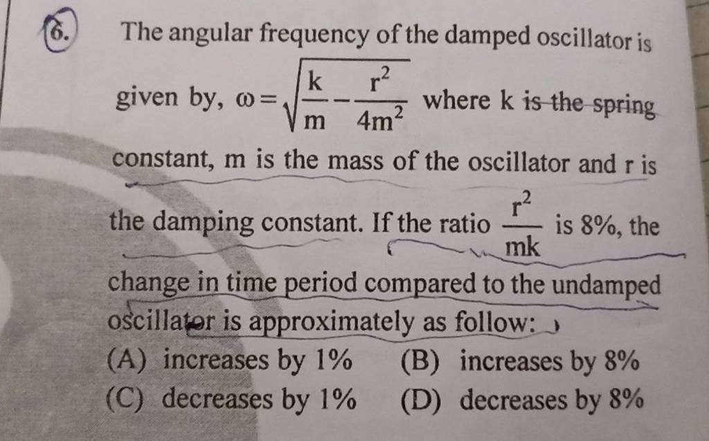 The angular frequency of the damped oscillator is given by, ω=mk −4m2r2