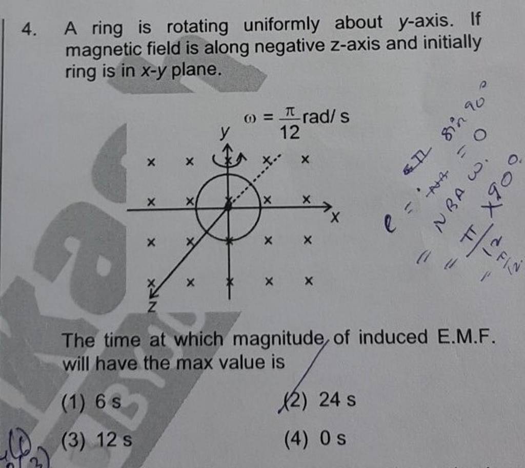 A ring is rotating uniformly about y-axis. If magnetic field is along neg..