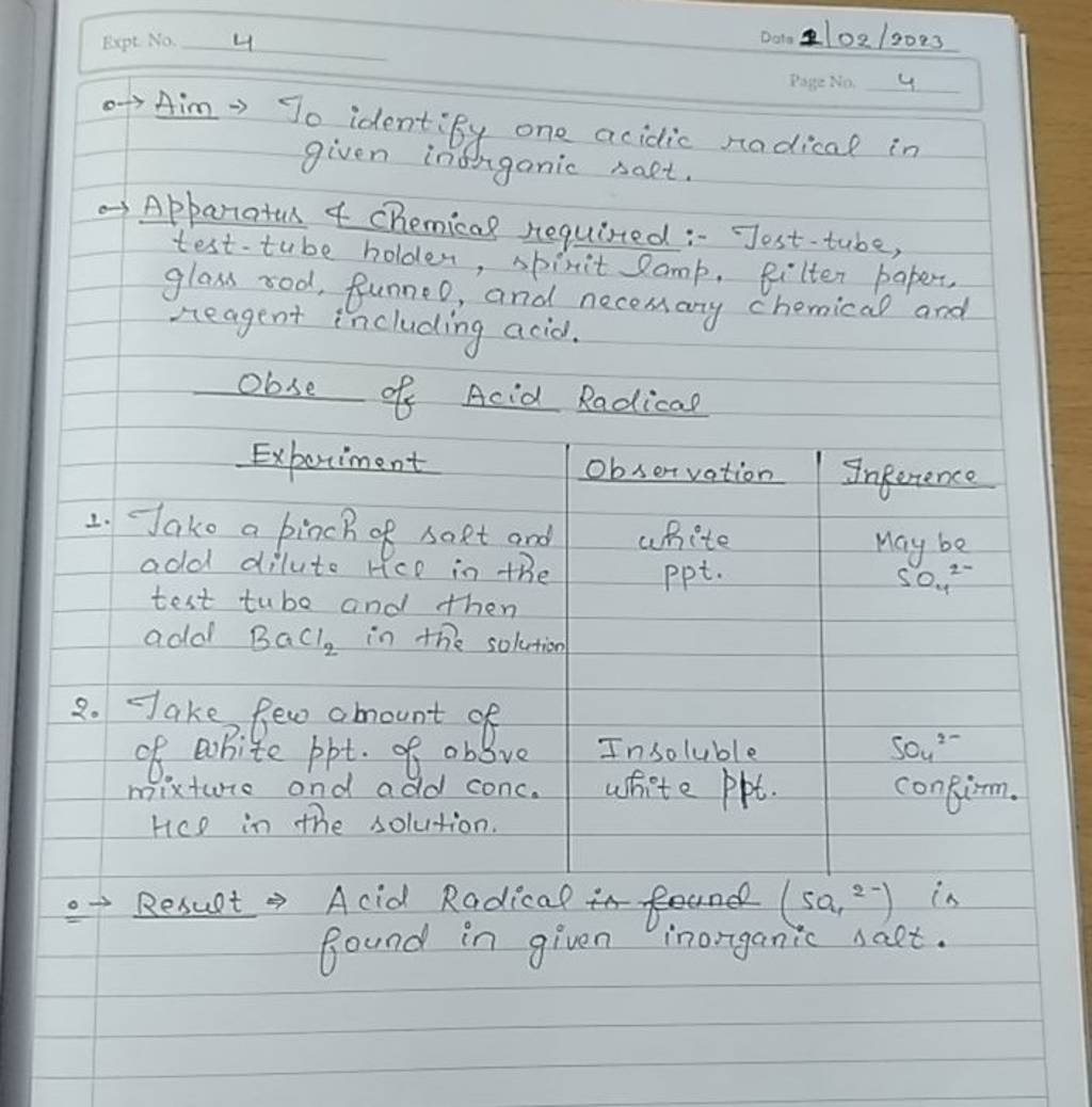 ↔ Aim → To identify one acidic radical in given inarganic salt. | Filo