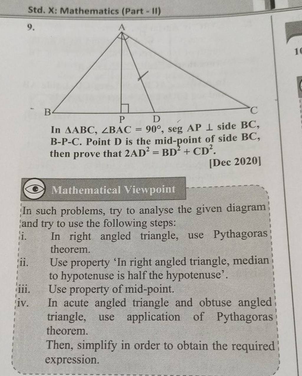 Std. X: Mathematics (Part - II) In ABC,∠BAC=90∘, seg AP⊥ side BC, B−P−C...