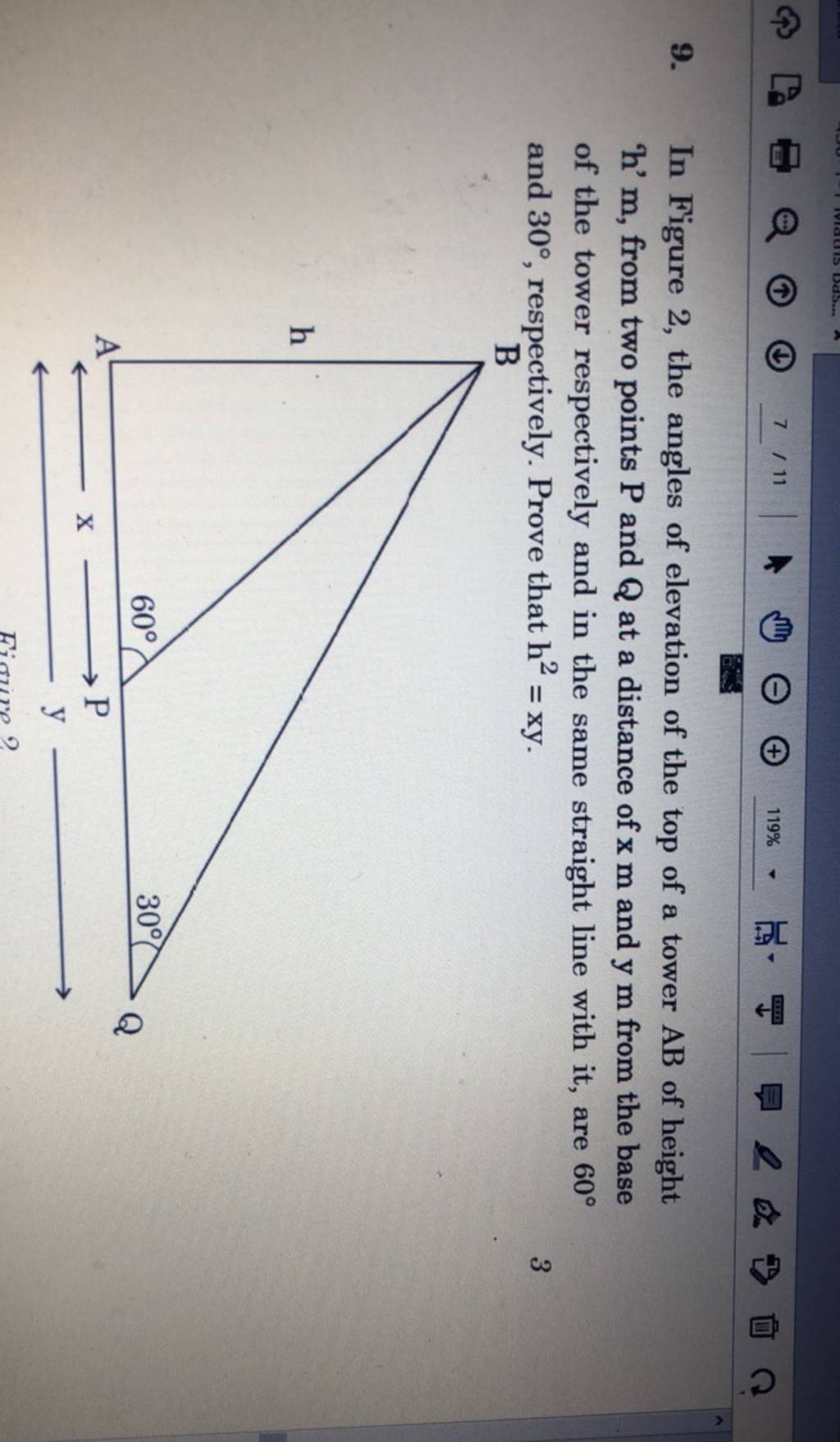 9. In Figure 2, the angles of elevation of the top of a tower AB of heigh..