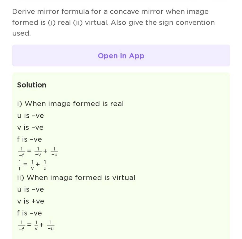Derive mirror formula for a concave mirror when image formed is (i) real Derive mirror formula for a concave mirror when image formed is (i) real