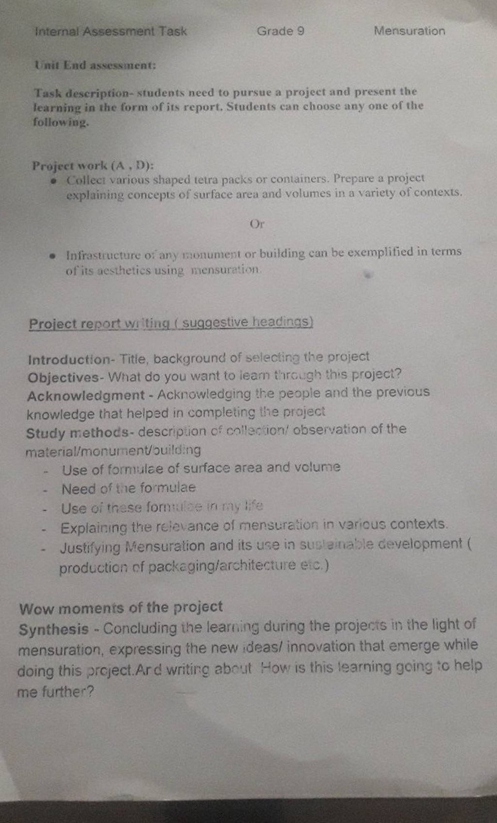 Internal Assessment Task Grade 9 Mensuration Linit End Assessment Tash D