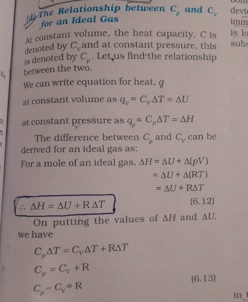 (d) The Relationship between Cp and Cv devi for an Ideal Gas At constan..