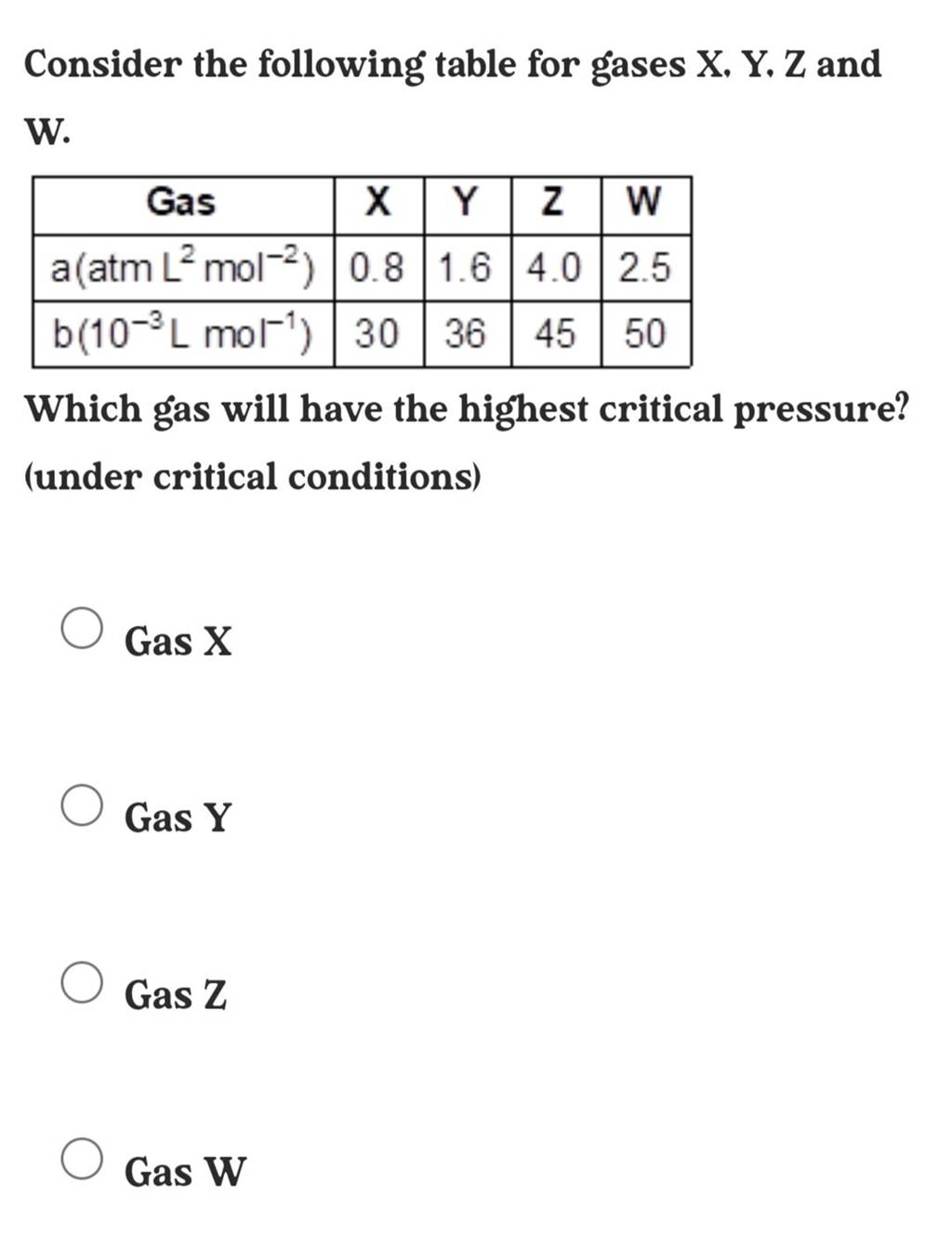 Consider the following table for gases X,Y,Z and W. GasXYZWa(atmL2 mol−2)..