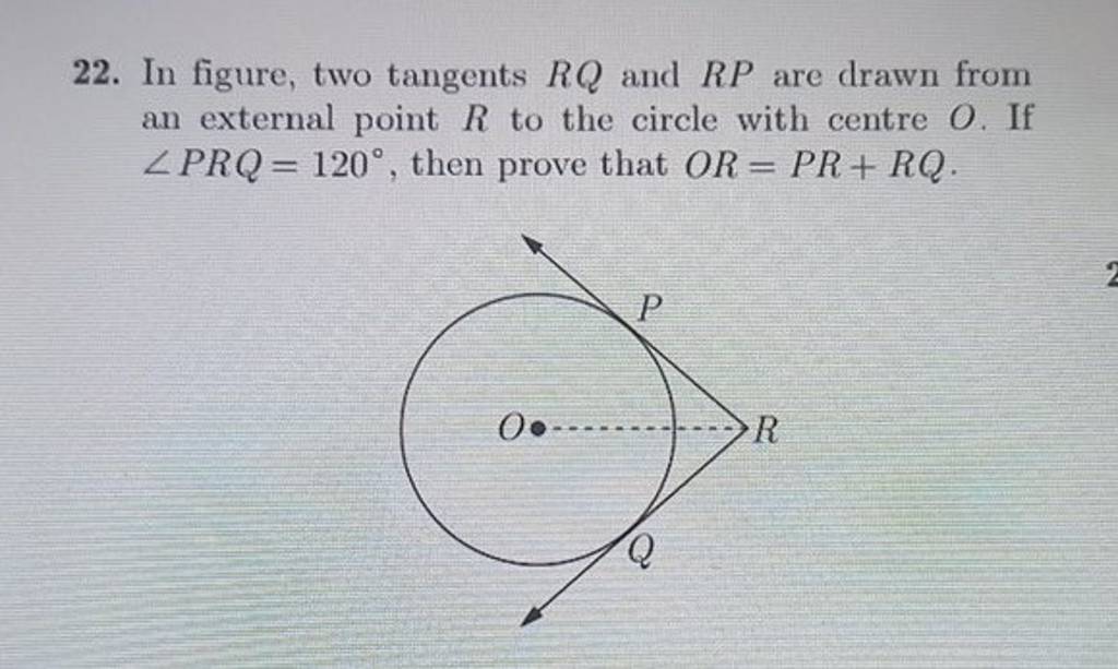 22. In figure, two tangents RQ and RP are drawn from an external point R