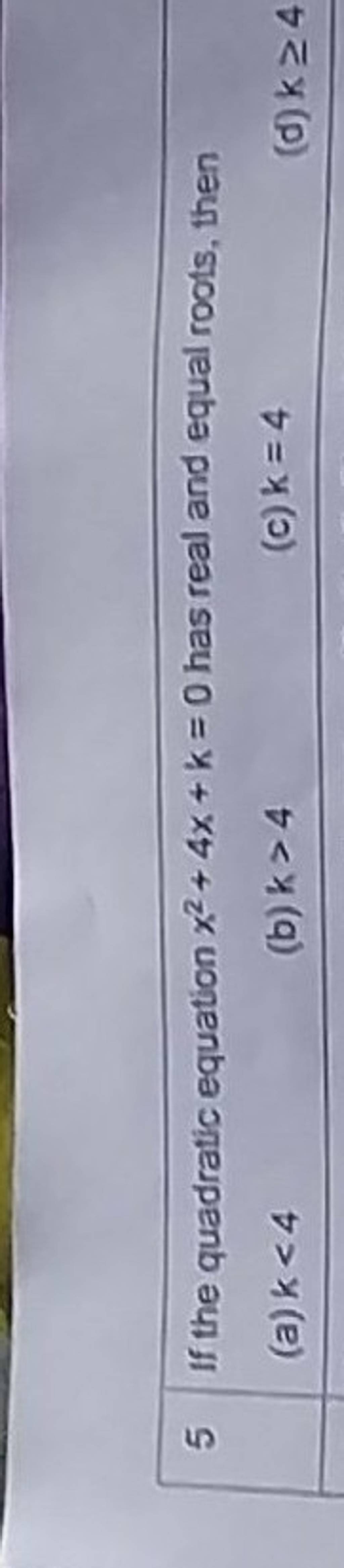5 If The Quadratic Equation X2 4x k 0 Has Real And Equal Roots Then a 5-if-the-quadratic-equation-x2-4x-k-0-has-real-and-equal-roots-then-a