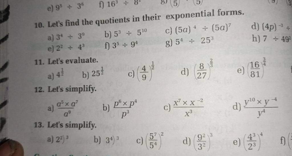 10. Let's find the quotients in their exponential forms. a) 34÷39 b) 53÷5..