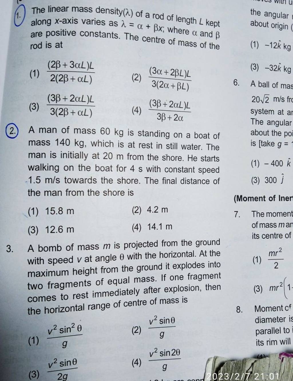 1. The linear mass density (λ) of a rod of length L kept along x-axis var..