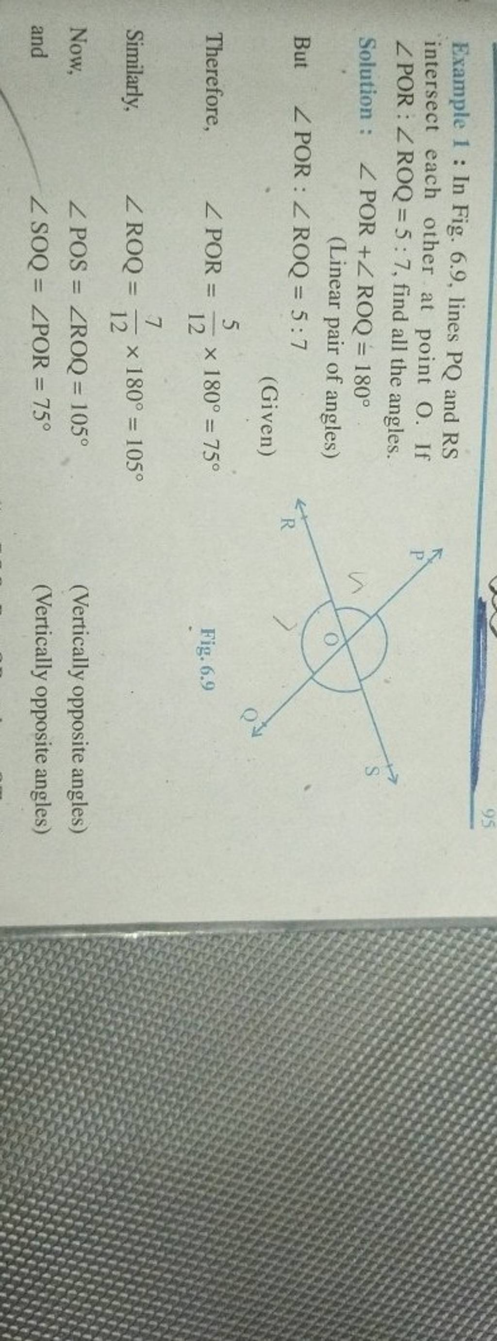 Example 1 : In Fig. 6.9, lines PQ and RS intersect each other at point O...